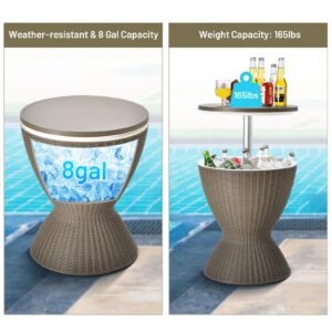 Tangkula Outdoor Cool Bar Table, Rattan Style Patio 8 Gallon Beer and Wine Cooler, All-Weather Ice Bucket w/Height Adjustable Top, Drainage Plug, 3-in-1 Cocktail Coffee Table for Party, Pool (Coffee)