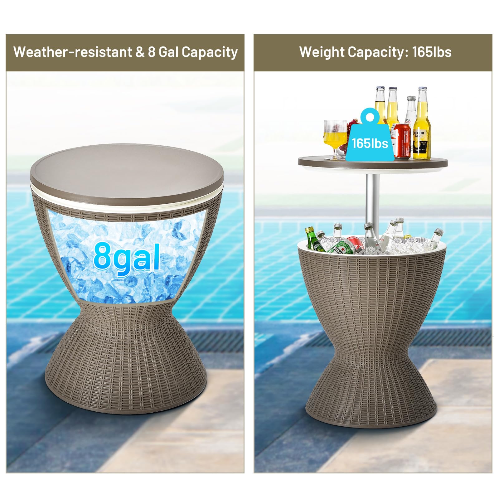 Tangkula Outdoor Cool Bar Table, Rattan Style Patio 8 Gallon Beer and Wine Cooler, All-Weather Ice Bucket w/Height Adjustable Top, Drainage Plug, 3-in-1 Cocktail Coffee Table for Party, Pool (Coffee)