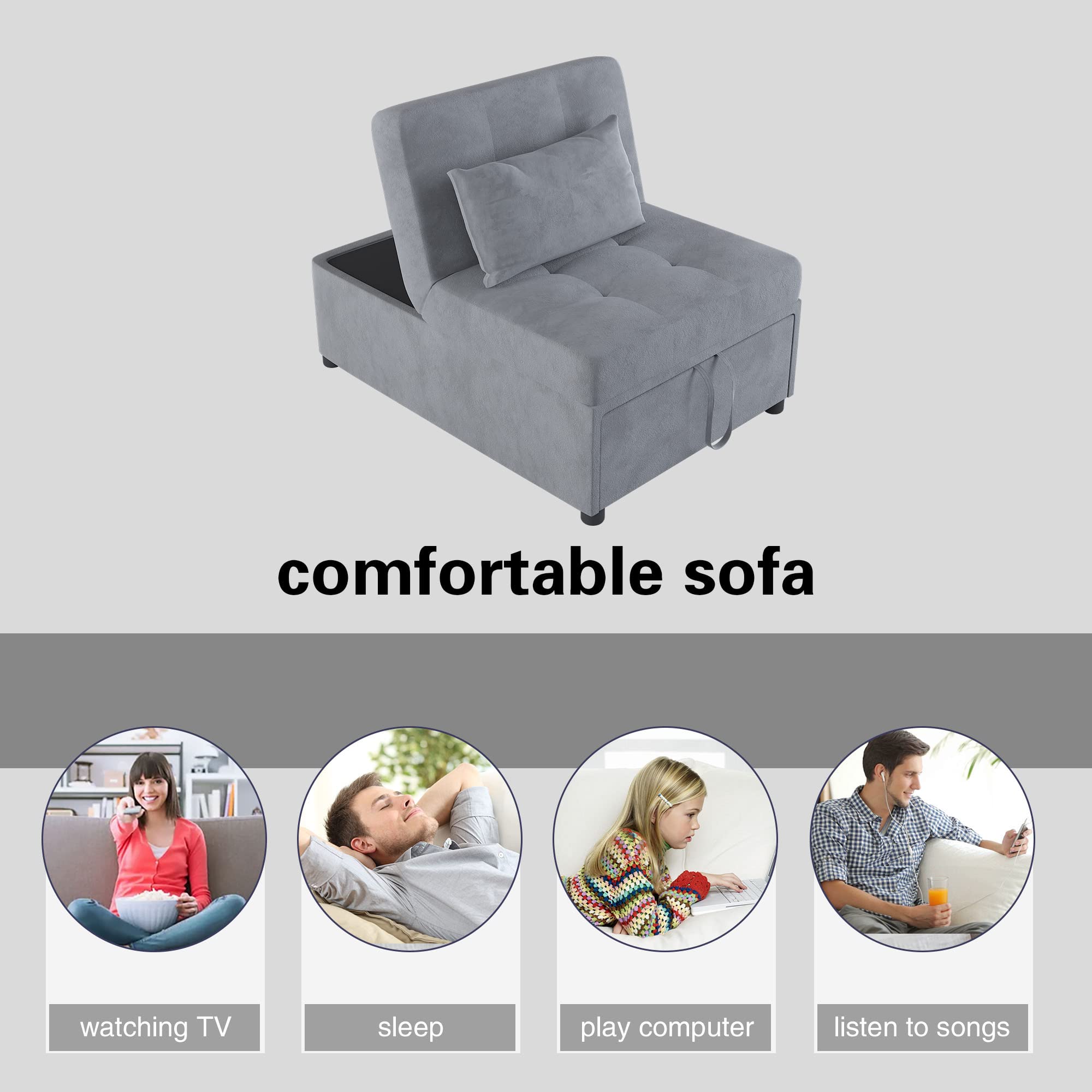 NOSGA Sofa Bed, 4 in 1 Multi Function, Liner Fabric Folding Ottoman Sofa Bed, Convertible Sleeper Chaise Lounge Chair, Single Sofa Bed for Living Room Small Apartment (Gray)