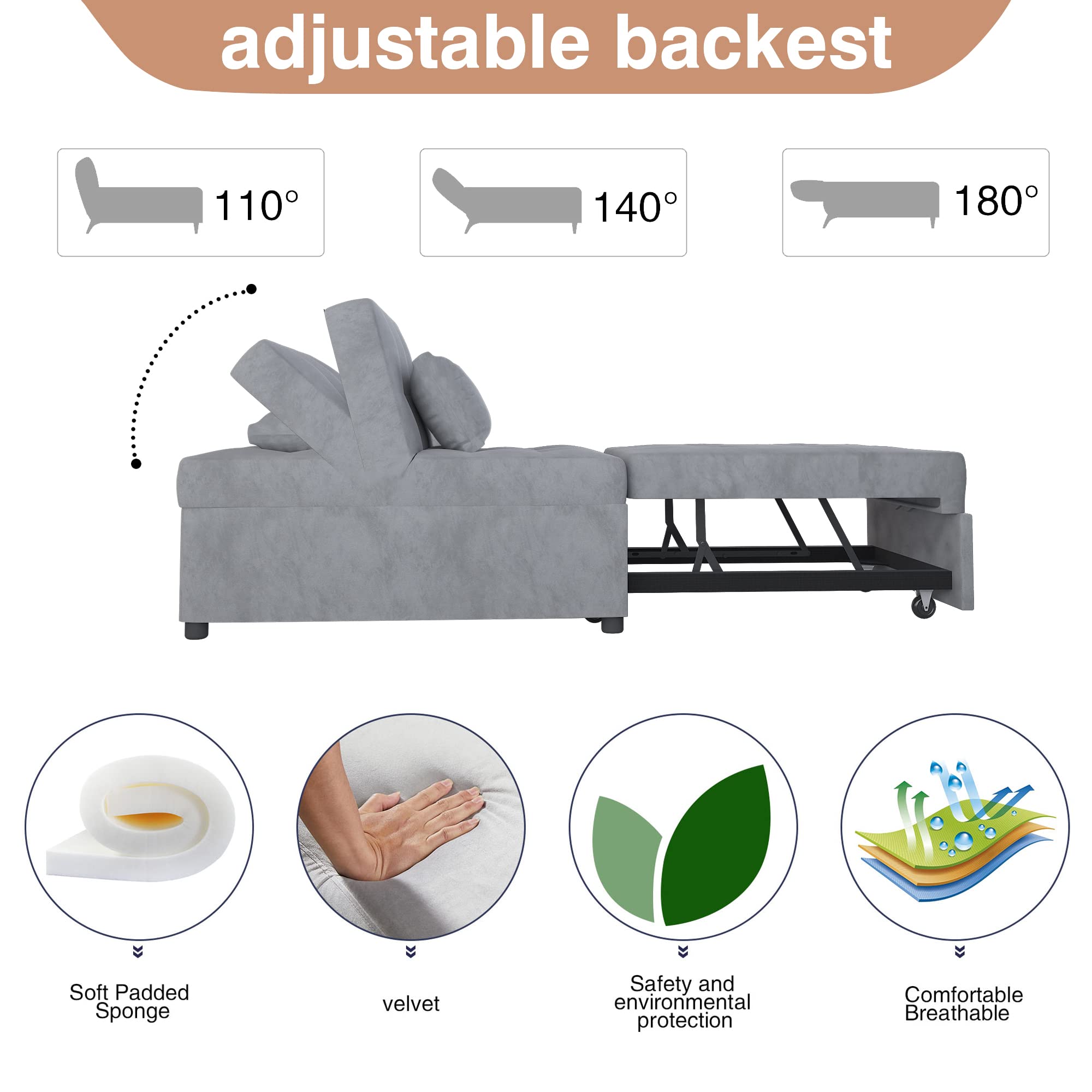 NOSGA Sofa Bed, 4 in 1 Multi Function, Liner Fabric Folding Ottoman Sofa Bed, Convertible Sleeper Chaise Lounge Chair, Single Sofa Bed for Living Room Small Apartment (Gray)