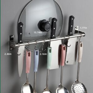 ASkinds Utensil Hanging Rack Stainless Steel Rail Hanger Rod Wall Mounted Pot Pan Lid Holder Cookware Storage Organizer with Sliding Hooks for Kitchen Bathroom