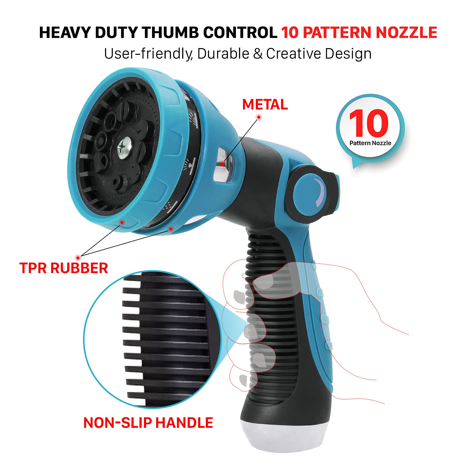 Garden Hose Nozzle, 10 Patterns Metal Water Hose Nozzle Heavy Duty Hose Spray Nozzle with Thumb Control for Watering Lawns,Car Washing,Bathing Pets Blue