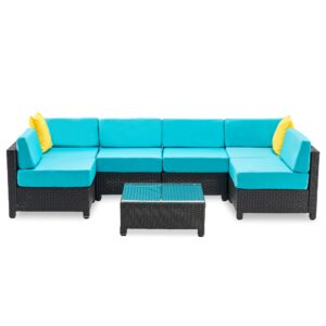 mcombo patio furniture sets 7 pieces outdoor wicker sectional sofa set, pe rattan aluminum frame with glass table for garden, backyard, 6080-7pc (turquoise)