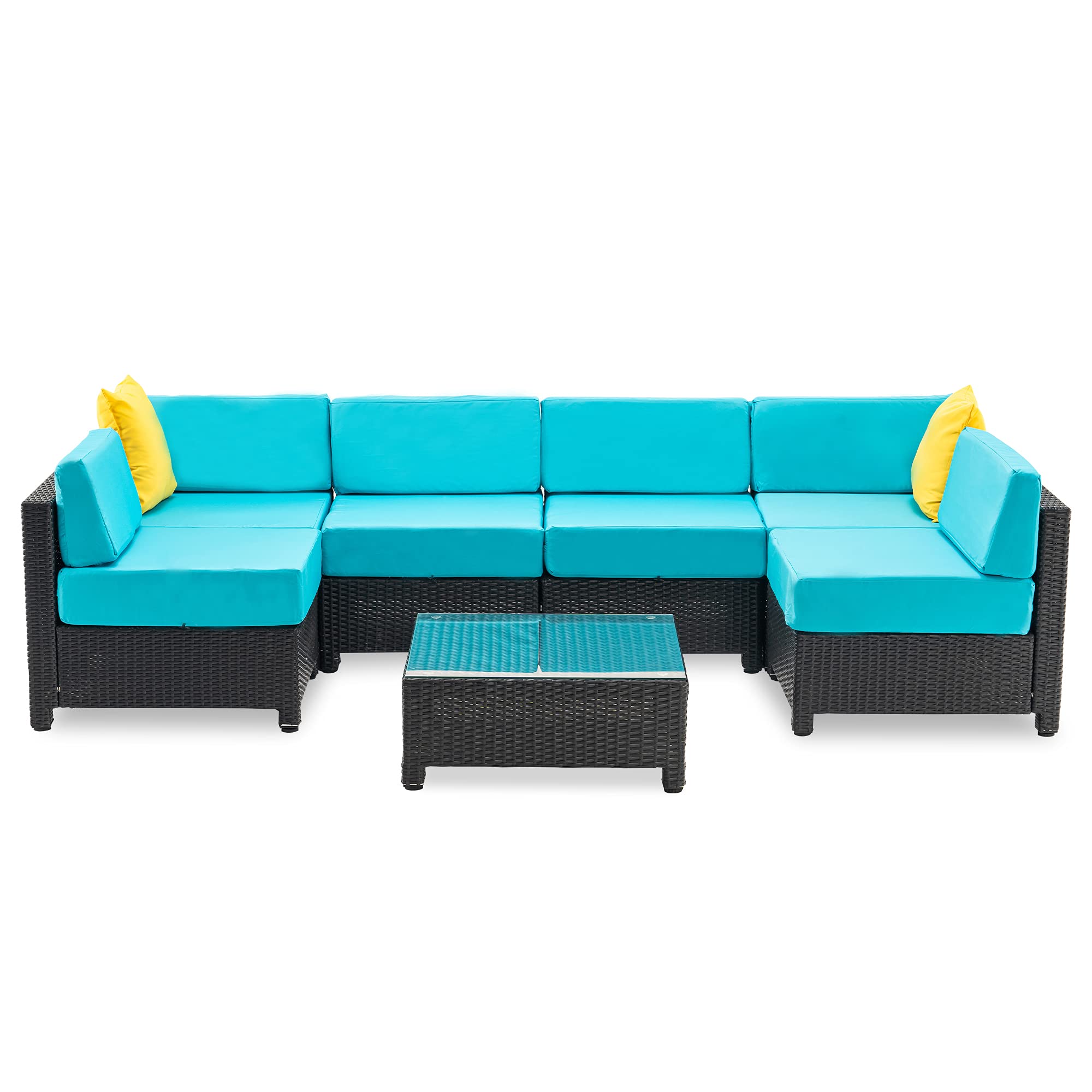 MCombo Patio Furniture Sets 7 Pieces Outdoor Wicker Sectional Sofa Set, PE Rattan Aluminum Frame with Glass Table for Garden, Backyard, 6080-7PC (Turquoise)