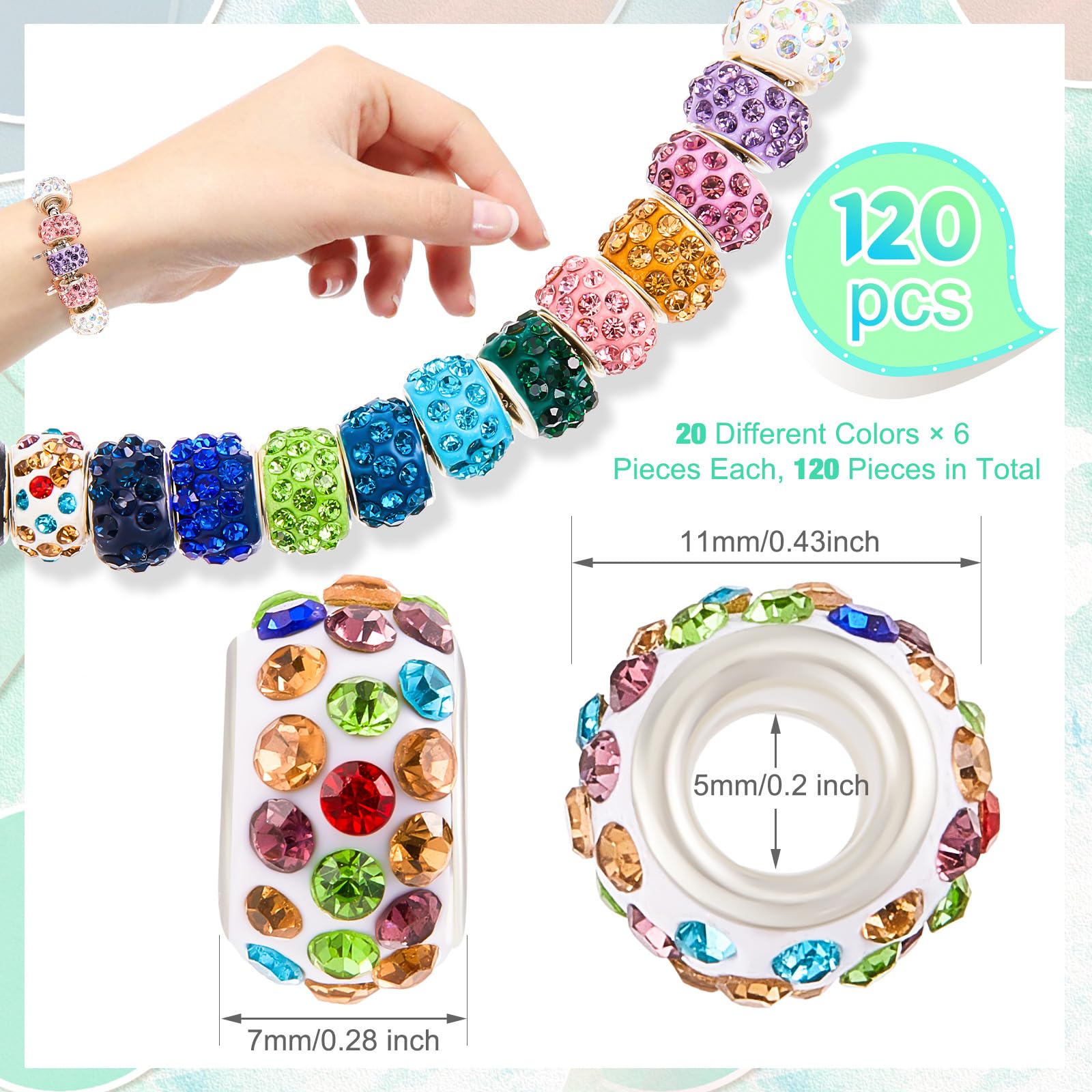 Junkin 120 Pieces Large Hole Beads Rhinestone European Beads for Pens Making Bulk 11mm Crystal Charm Spacer Beads for Beadable Pens Jewelry Making Supplies DIY Crafts Bracelet(Multicolor)