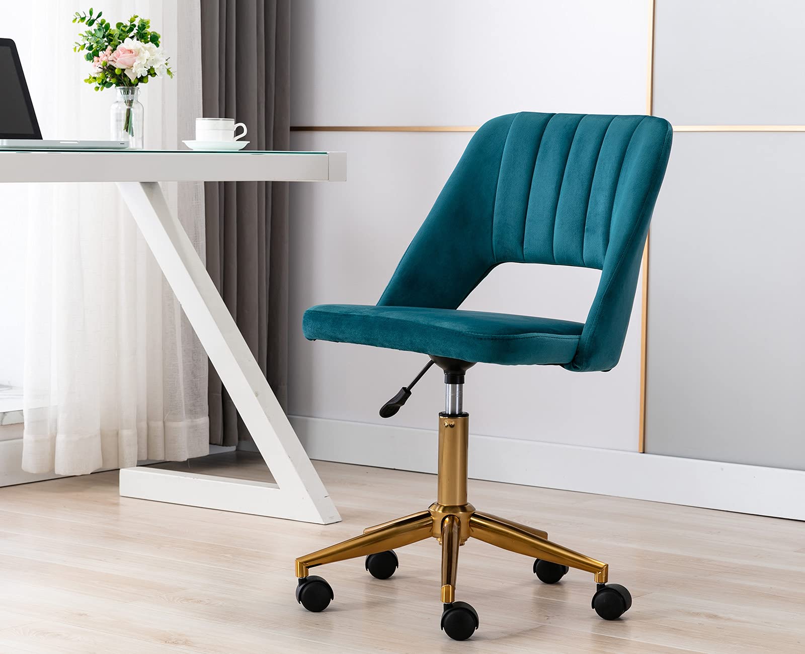 ZHENGHAO Modern Armless Desk Chair Vanity Stool for Teen Girls, Hollow Back Task Chair Study Chair Sewing Chair with Gold Base for Home OfficeBedroomLiving Room (Green)