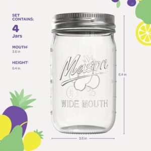 SEWANTA Wide Mouth Mason Jars 32 oz [4 Pack] With mason jar lids and Bands, mason jars 32 oz - For Canning, Fermenting, Pickling - Jar Decor - Microwave/Freeze/Dishwasher Safe.