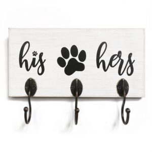 10 o'clock decorative key holder & dog leash hook wall mount for entry way, kitchen, & mudroom, his hers & paw print triple hook, 10" x 5"