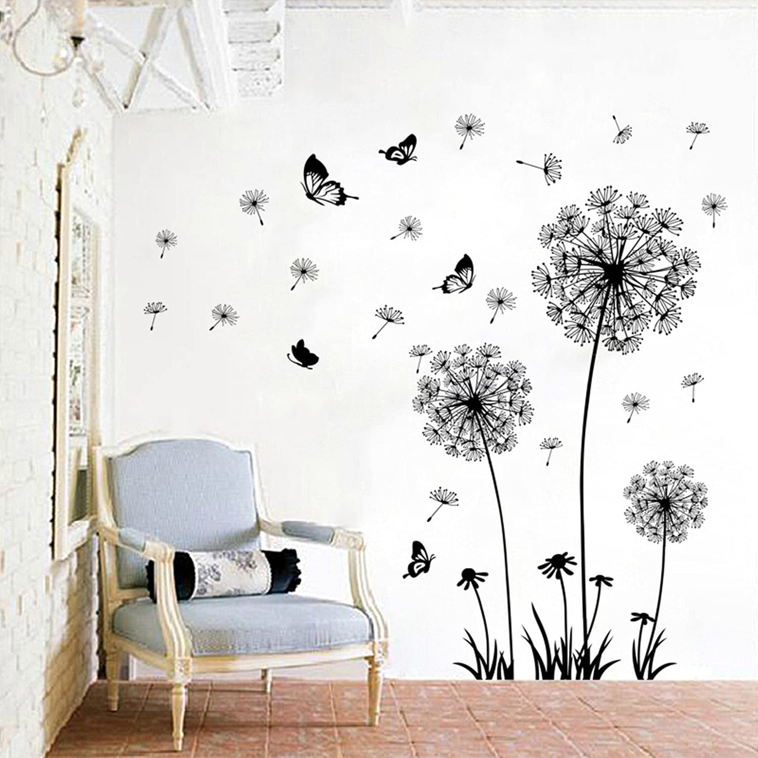 Arawat 2 Set Dandelion Wall Decals Flower Stickers Murals Butterflies Wall Decor for Bedroom Office Bathroom Living Room Floral Wall Decals Removable Wall Art Decoration Peel and Stick Room Wall Decor