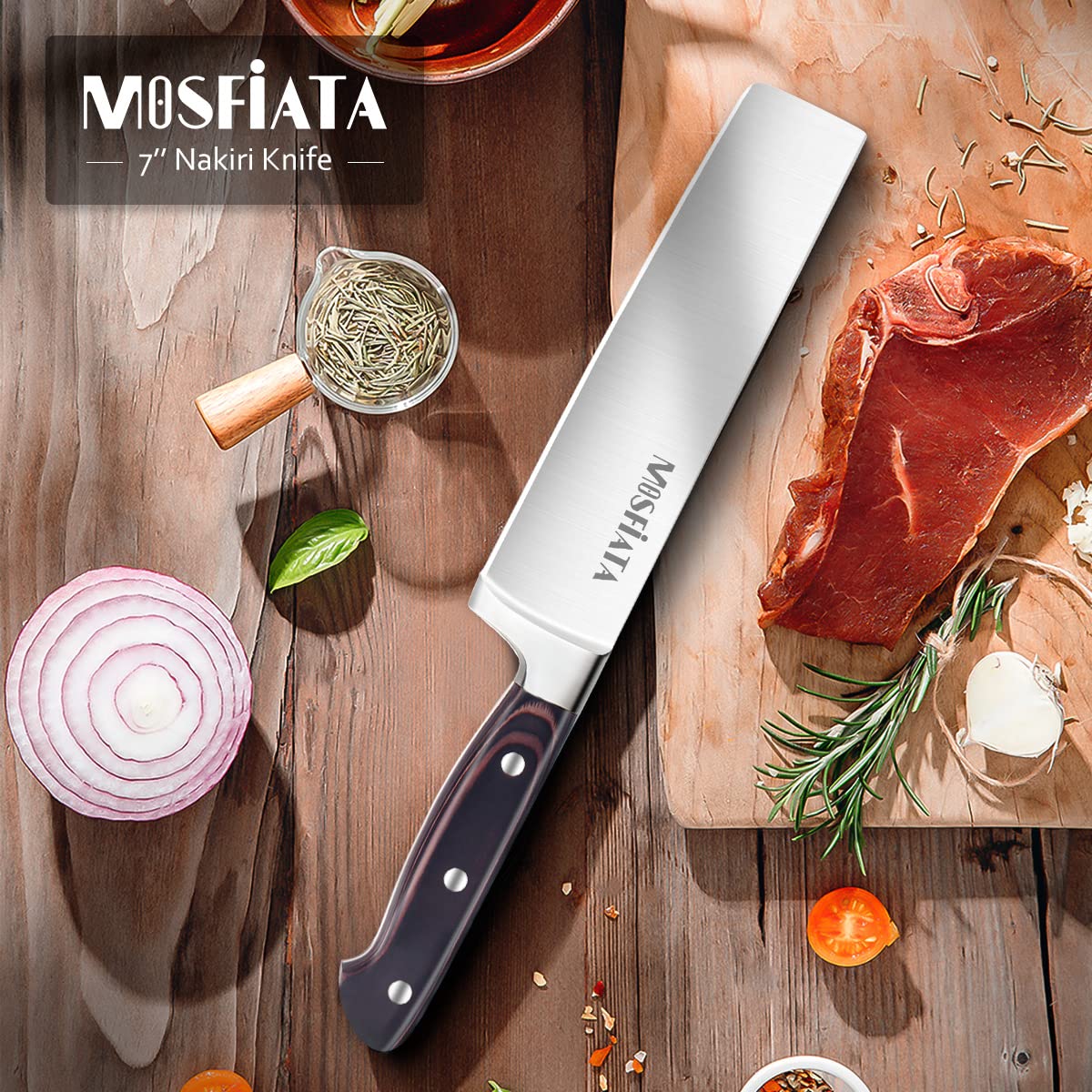 MOSFiATA Nakiri Knife 7 Inch Vegetable Cleaver Knife, 5Cr15Mov High Carbon Stainless Steel Kitchen Cooking Knife with Ergonomic Pakkawood Handle, Full Tang Meat Cutting Knife with Sheath for Kitchen