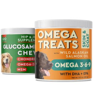 glucosamine dog treats + fish oil omega 3 for dogs bundle - joint supplement w/chondroitin, msm + allergy relief - itch relief, shedding - skin and coat supplement with omega-3 salmon oil - made in us