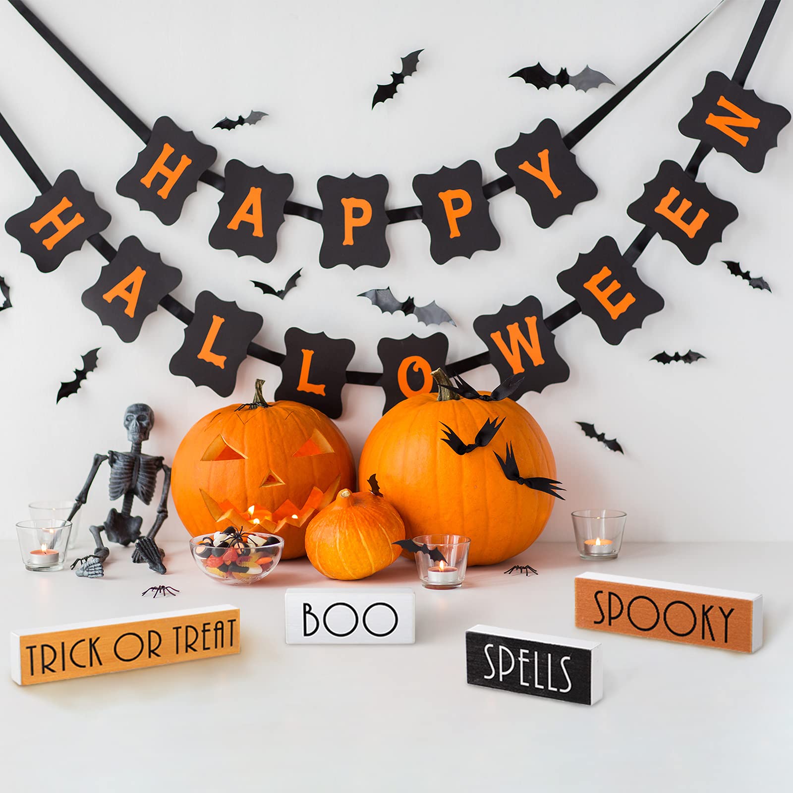 4 Pieces Halloween Decorations Tabletop Wooden Halloween Decors Block Table Centerpiece Halloween Wood Tabletop Sign Supplies Halloween Party Tabletop Home Room Kitchen Table Fireplace Bar Ornaments