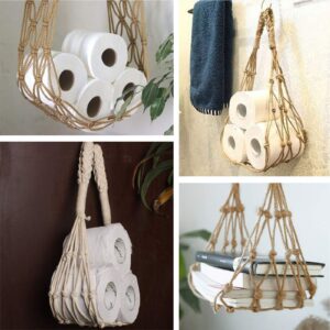 Toilet Paper Storage Holder Wall Hanging Storage Mesh Bag Boho Handmade Cotton Net Bag Paper Roll Holder for Home Bedroom Bathroom Living Room