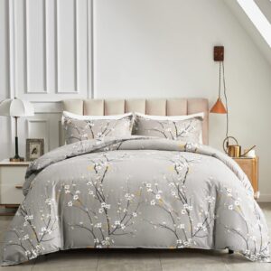 UOZZI BEDDING Branch Style Gray King Duvet Cover Set with 2 Pillow Shams- 800 TC Zipper Closure 4 Corner Ties Adult Men Women Style Dots Floral White Tree Style Reversible Design