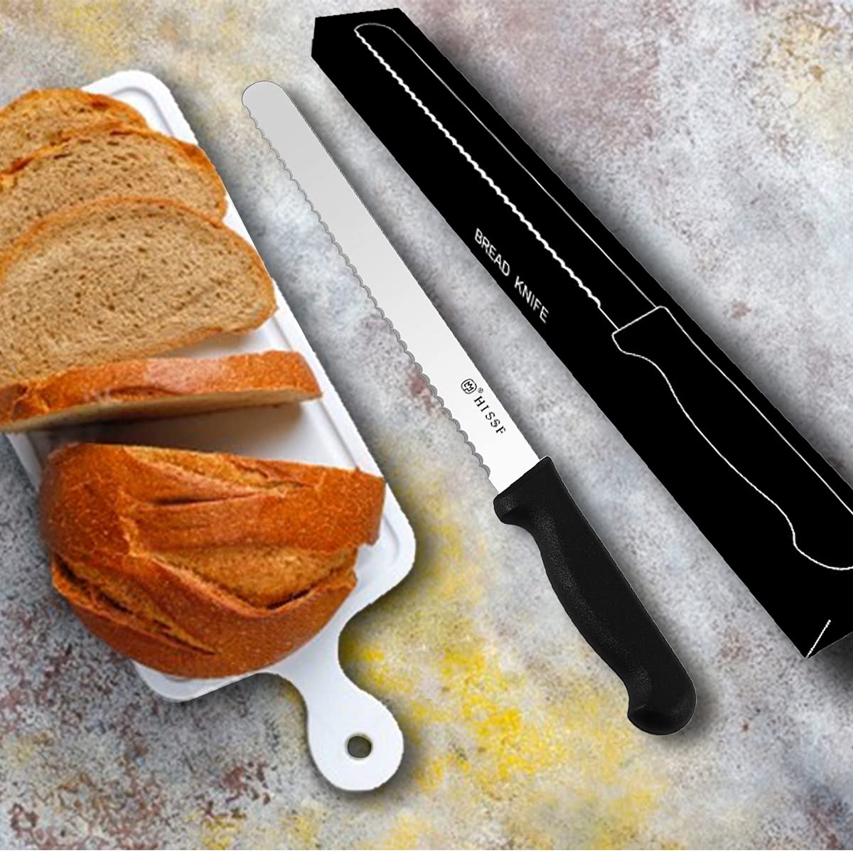 HISSF Serrated Bread Knife With Sheath 10 Inch, Black Upgraded Stainless Steel Razor Sharp Wavy Edge Wide Bread Cutter, For Slicing Homemade Bread, Bagels, Cake,Dishwasher Safe