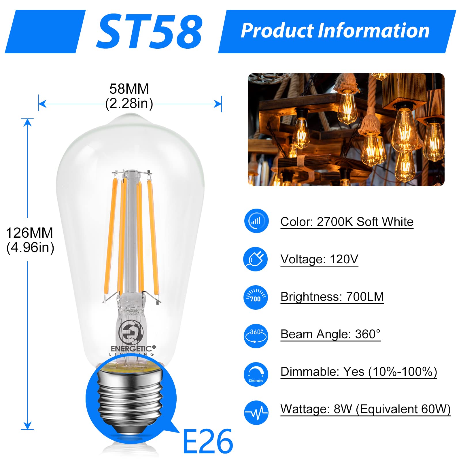 Energetic Dimmable LED Filament Light Bulbs, High Brightness, 8W, 60 Watt Equivalent, ST18 ST58, Soft White 2700K, Classic Clear Glass, 6 Pack