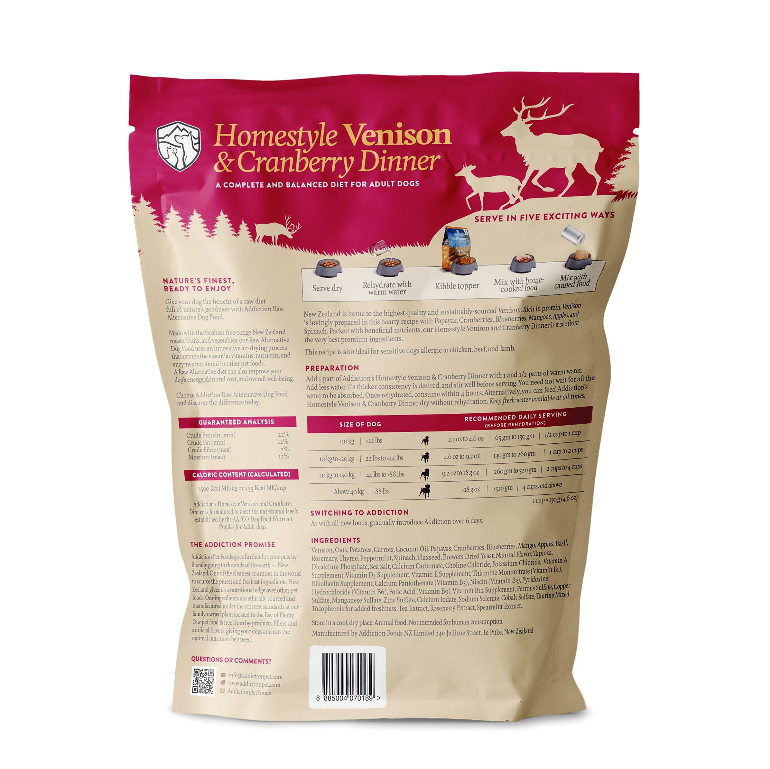 Addiction Homestyle Venison & Cranberry Dinner Raw Alternative Dog Food - Gently Air-Dried Complete Meal or Dog Food Topper for Digestive and Skin and Coat Health, 2 lb