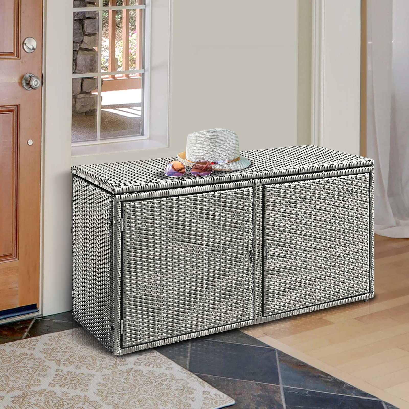 DORTALA Storage Box Patio Wicker Storage Bin Deck Box Cabinet w/Steel Frame, Deck Storage Container w/88 Gallon Capacity and Shelf for Furniture Tools in Garden Balcony Porch Yard, Gray