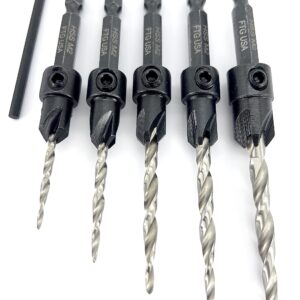 FTG USA Adjustable Wood Countersink Drill Bit Set 5 Pc Countersink Drill Bit #4#6#8#10#12 Tapered Drill Bits for Woodworking