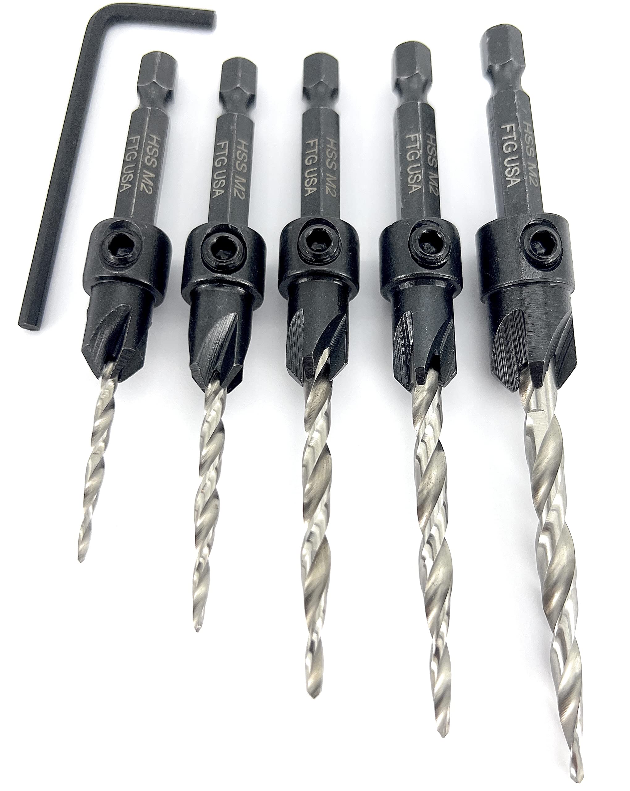 FTG USA Adjustable Wood Countersink Drill Bit Set 5 Pc Countersink Drill Bit #4#6#8#10#12 Tapered Drill Bits for Woodworking