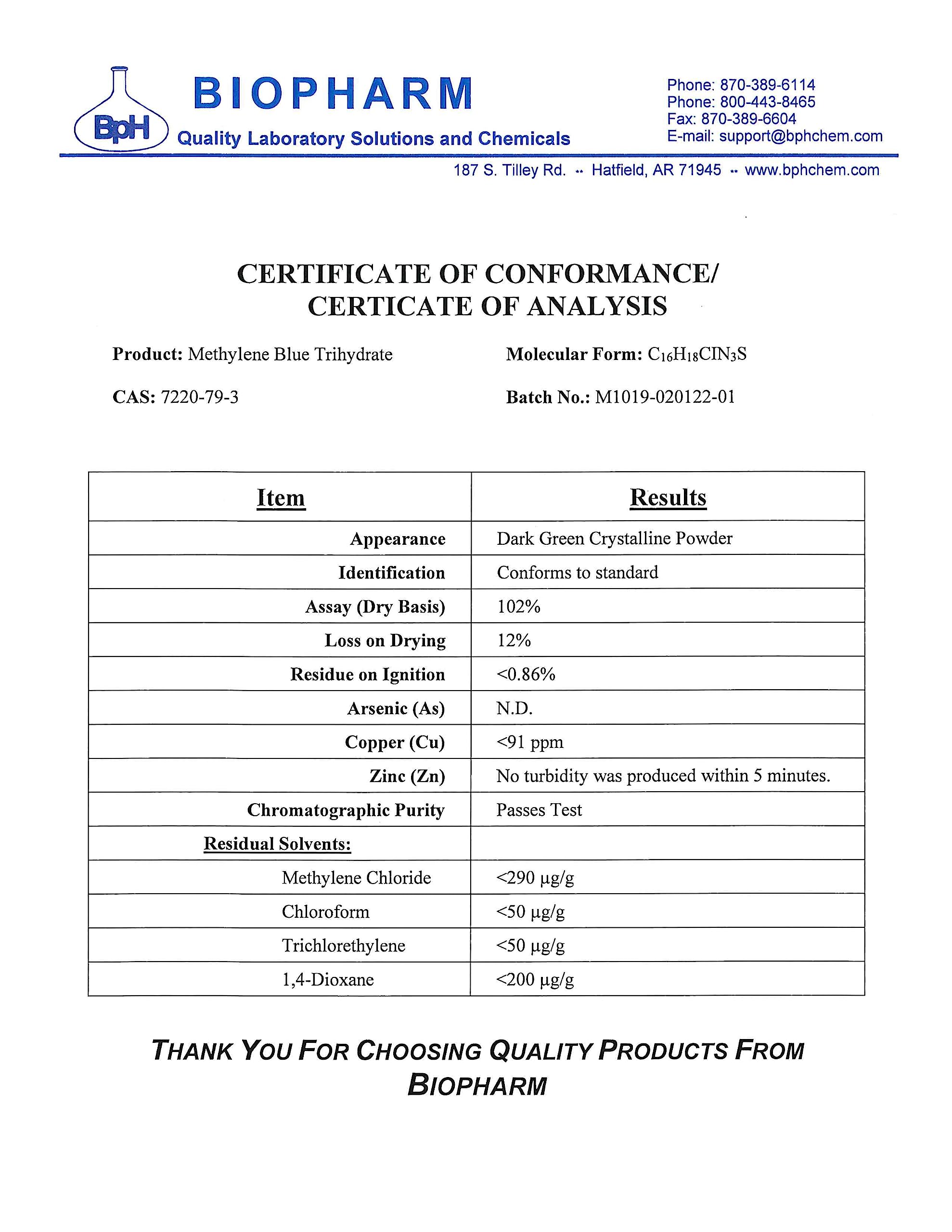 Methylene Blue, 1% USP (Pharmaceutical) Grade, 250 mL (8.4 fl oz); 3rd Party Tested