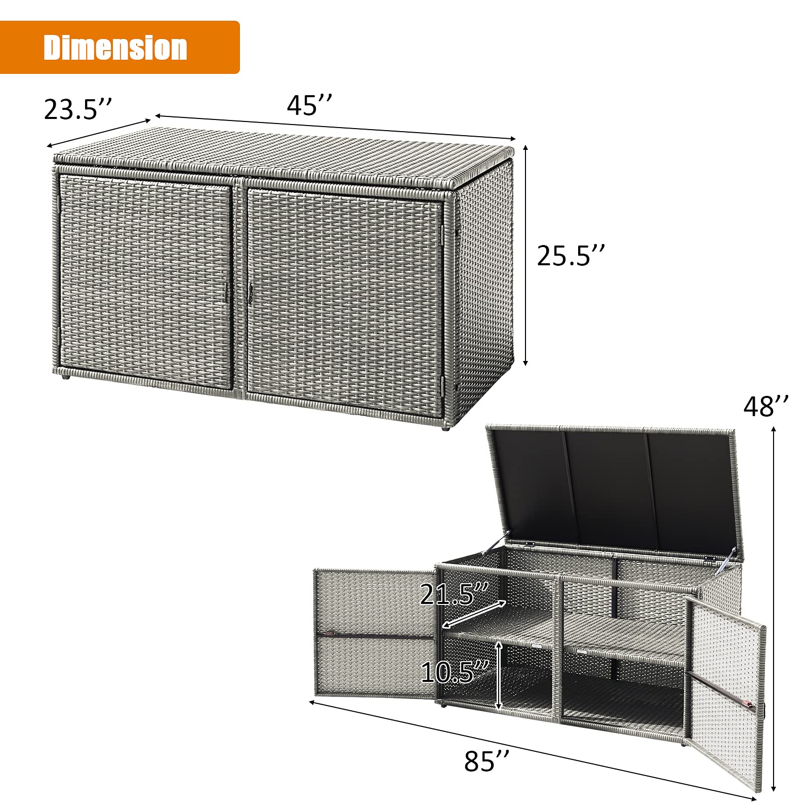 DORTALA Storage Box Patio Wicker Storage Bin Deck Box Cabinet w/Steel Frame, Deck Storage Container w/88 Gallon Capacity and Shelf for Furniture Tools in Garden Balcony Porch Yard, Gray