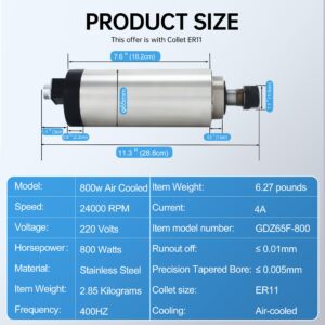 RATTMMOTOR CNC Spindle Milling Motor, 800W Air Cooled Spindle Motor 110VAC 24000RP 65mm CNC Spindle CNC Motor ER11 400HZ for CNC Router Engraver Milling Machine