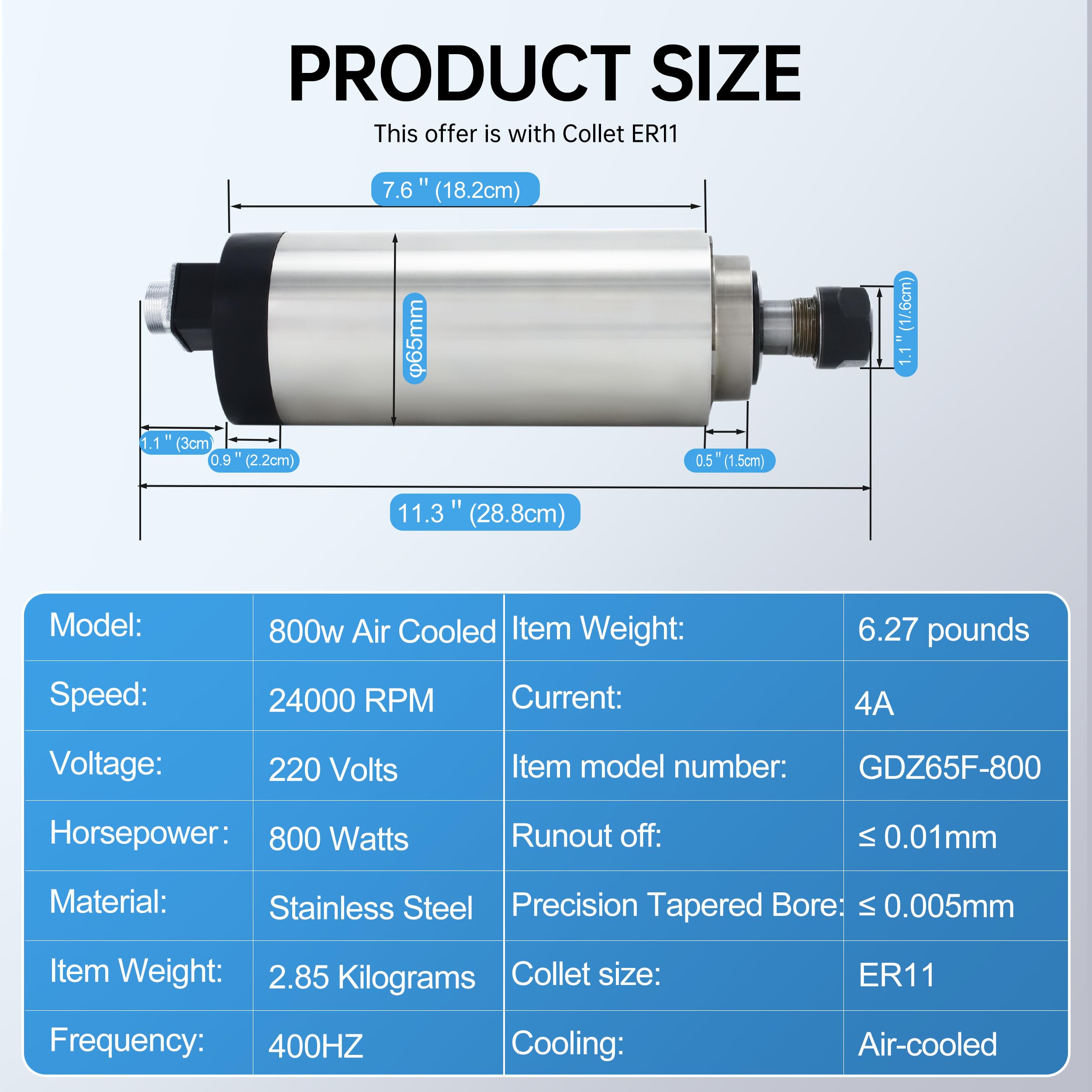 RATTMMOTOR CNC Spindle Milling Motor, 800W Air Cooled Spindle Motor 110VAC 24000RP 65mm CNC Spindle CNC Motor ER11 400HZ for CNC Router Engraver Milling Machine