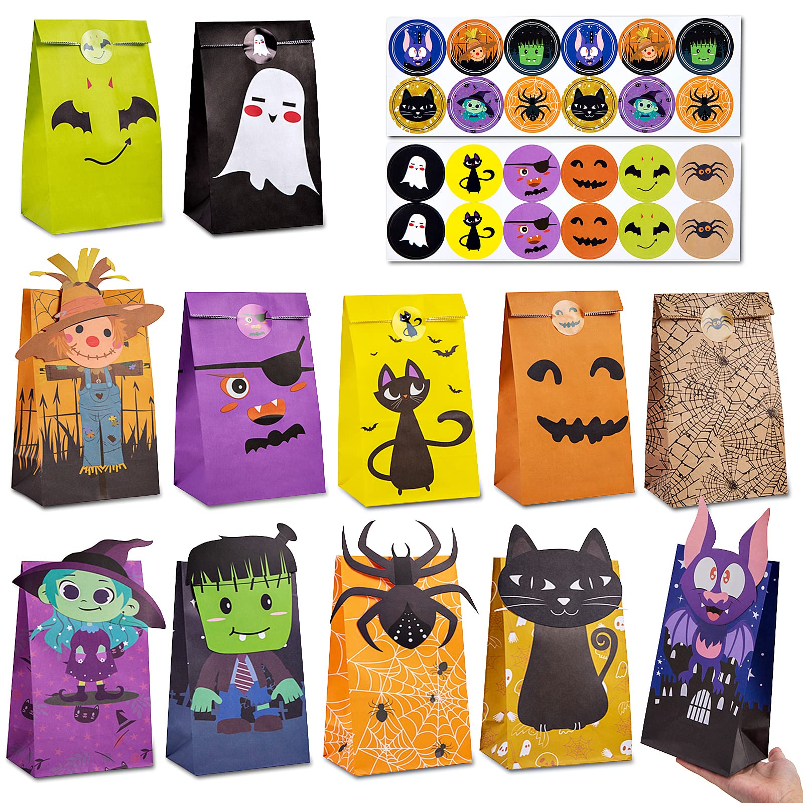 TOXOY Halloween Treat Bags, 30 PCS Halloween Candy Paper Favor Bags 12 Styles Individual Halloween Trick or Treat Goodie Bags for Kids Halloween Party Decoration Supplies