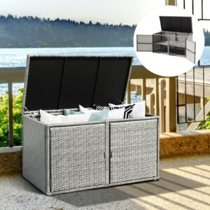 DORTALA Storage Box Patio Wicker Storage Bin Deck Box Cabinet w/Steel Frame, Deck Storage Container w/88 Gallon Capacity and Shelf for Furniture Tools in Garden Balcony Porch Yard, Gray