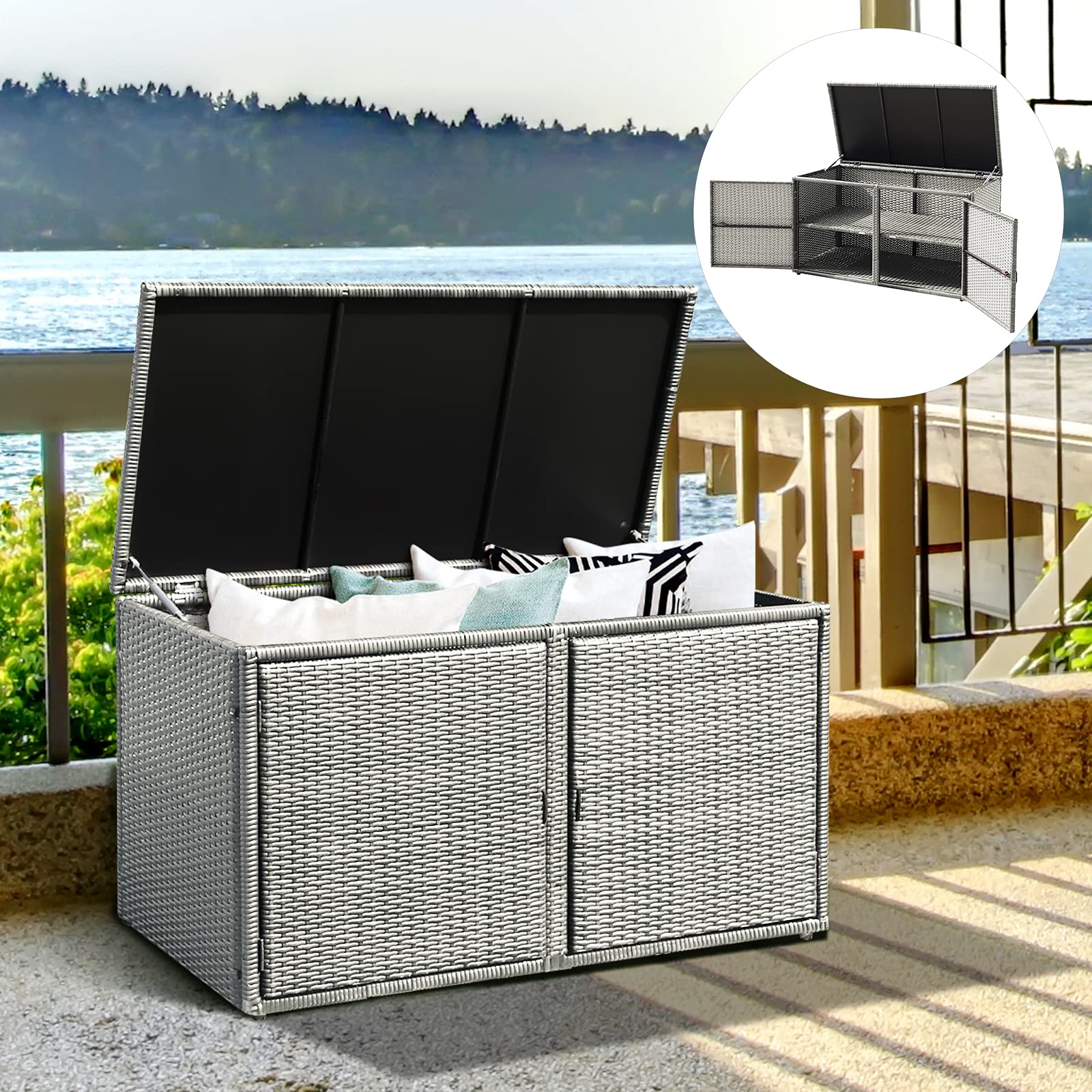 DORTALA Storage Box Patio Wicker Storage Bin Deck Box Cabinet w/Steel Frame, Deck Storage Container w/88 Gallon Capacity and Shelf for Furniture Tools in Garden Balcony Porch Yard, Gray