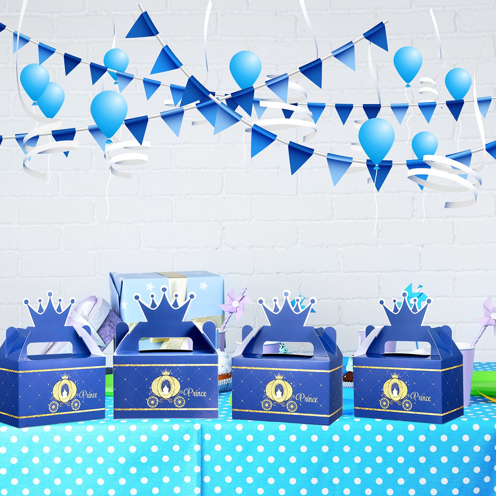 12 Pieces Little Prince Party Box Prince Crown Treat Box Blue and Gold Prince Party Candy Goodies Box Prince Theme Party Supplies for Baby Shower Boy Birthday Party Decorations, 5.95 x 3 x 7.5 Inches