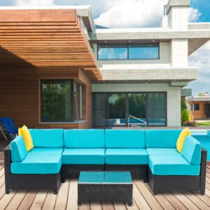 MCombo Patio Furniture Sets 7 Pieces Outdoor Wicker Sectional Sofa Set, PE Rattan Aluminum Frame with Glass Table for Garden, Backyard, 6080-7PC (Turquoise)