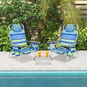 GYMAX Beach Chairs, 2-Pack Backpack Camping Chair with Armrest, Cooler Bag, Cup Holder, Towel Bar & Side Pockets, Sunbath Sling Tanning Lounge, Folding Layout Chairs (Blue Strip, with Table)