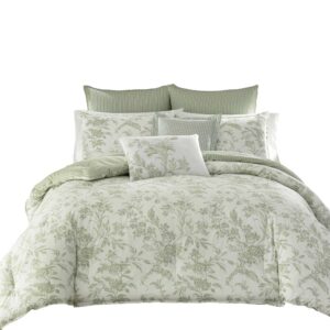 Laura Ashley Home - Queen Duvet Cover Set, Reversible Cotton Bedding, Includes Matching Shams with Bonus Euro Shams & Throw Pillows (Natalie Green, Queen)