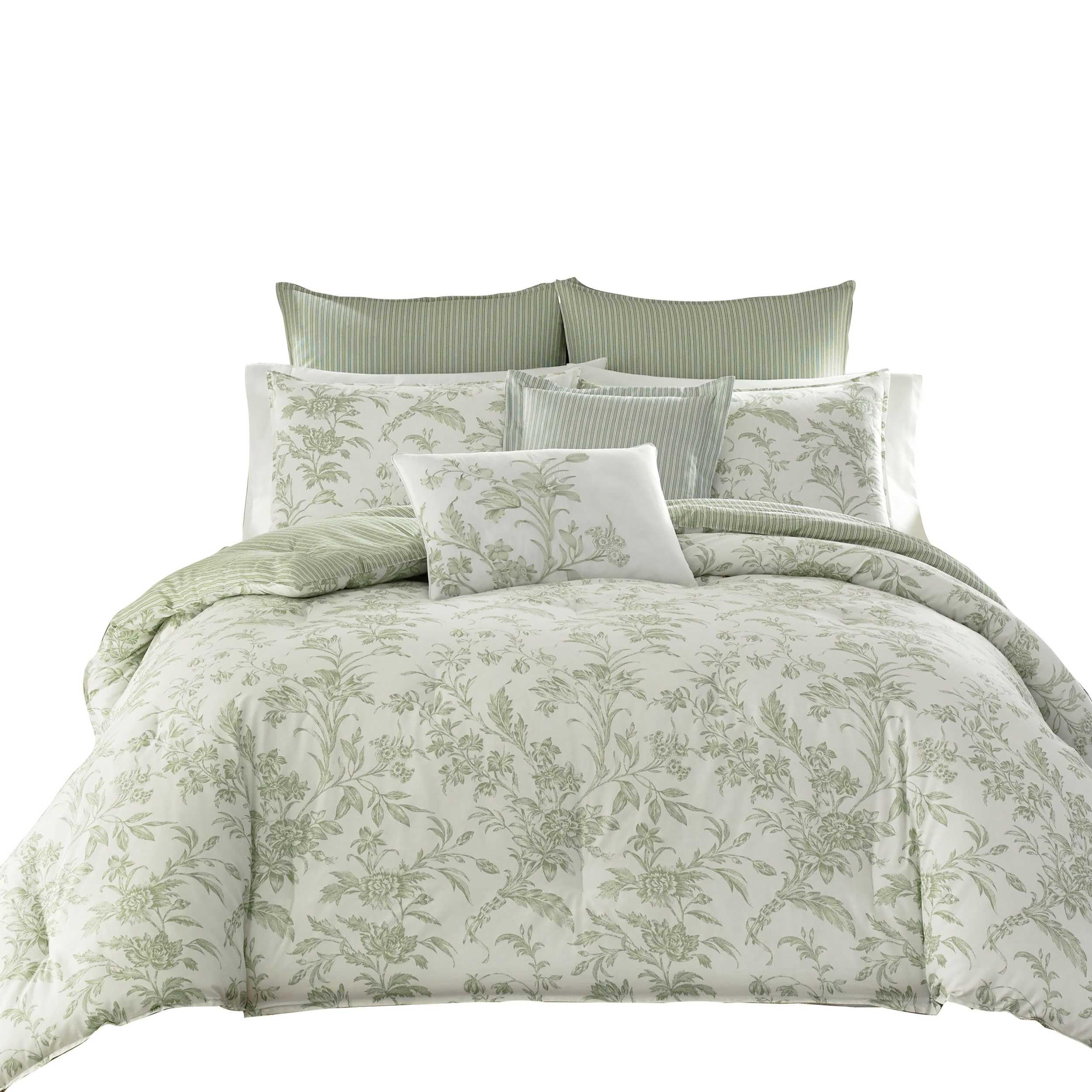 Laura Ashley Home - Queen Duvet Cover Set, Reversible Cotton Bedding, Includes Matching Shams with Bonus Euro Shams & Throw Pillows (Natalie Green, Queen)