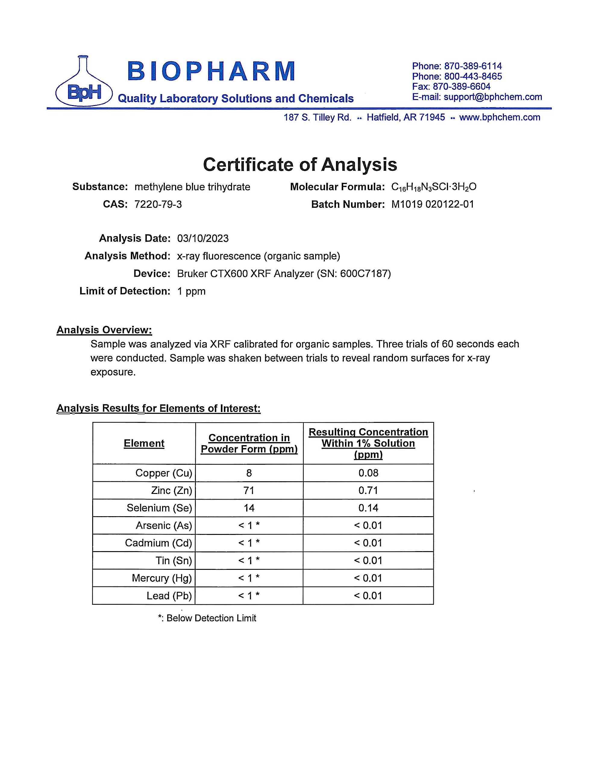 Methylene Blue, 1% USP (Pharmaceutical) Grade, 250 mL (8.4 fl oz); 3rd Party Tested