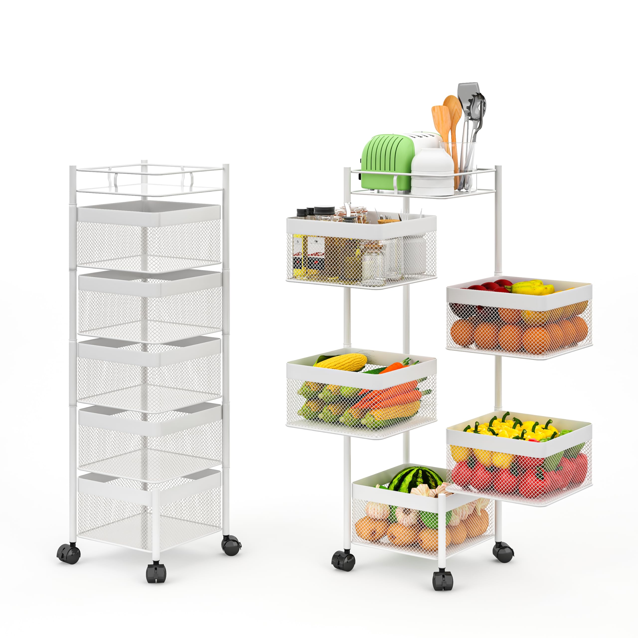 xinyourui Fruit Basket for Kitchen No Assembly,Rotating Kitchen Storage Rack,Bathroom Shelf, Organizers and Storage Cart on Rolling Wheels，Potato and Onion Storage Organizer(White, 5 Tier-Square)