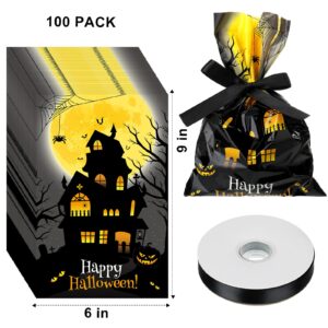 Tenare 100 Pcs Halloween Cellophane Treat Bags Plastic Goodie Candy Bags with 22 Yards Ribbon Halloween Clear Gift Treat Bags for Party Favors Snacks Cookies Packing