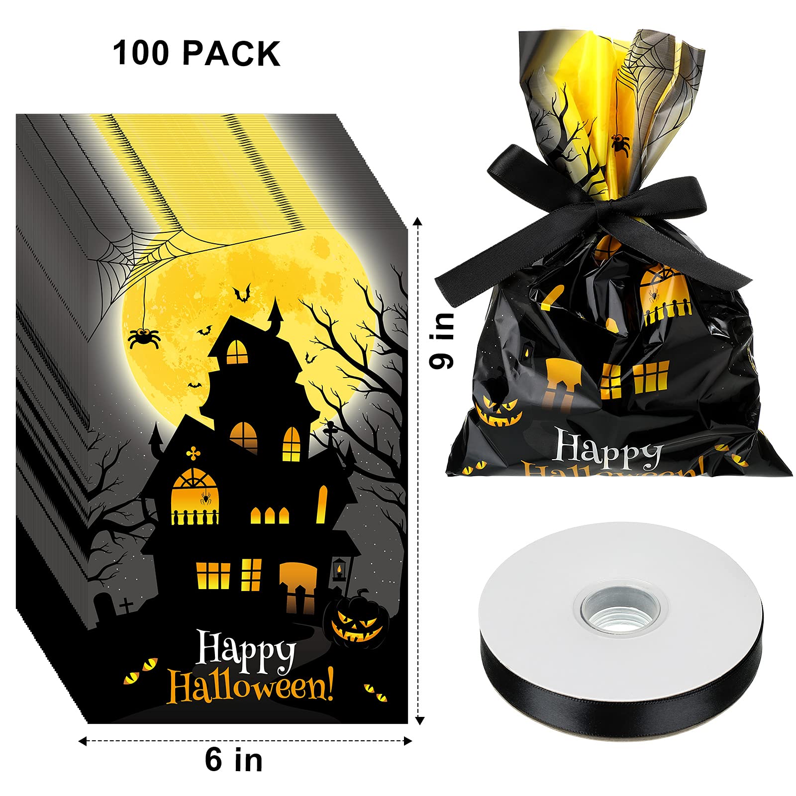 Tenare 100 Pcs Halloween Cellophane Treat Bags Plastic Goodie Candy Bags with 22 Yards Ribbon Halloween Clear Gift Treat Bags for Party Favors Snacks Cookies Packing