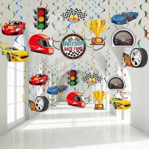 30 pieces race car party hanging swirls decorations, checkered flags racing birthday party foil ceiling decor for kids boys men race fans birthday party baby shower supplies