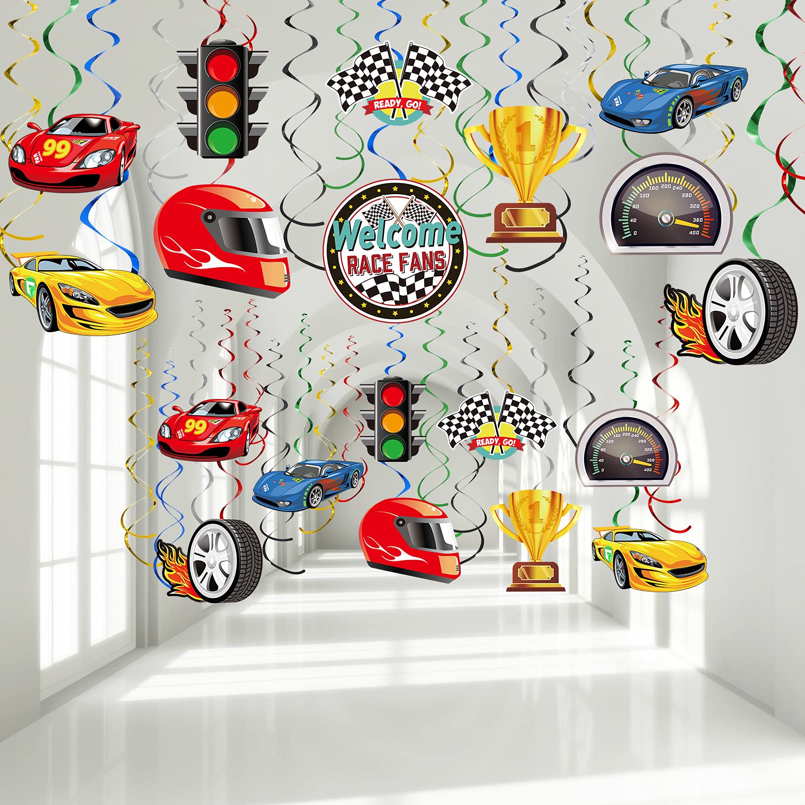 30 Pieces Race Car Party Hanging Swirls Decorations, Checkered Flags Racing Birthday Party Foil Ceiling Decor for Kids Boys Men Race Fans Birthday Party Baby Shower Supplies