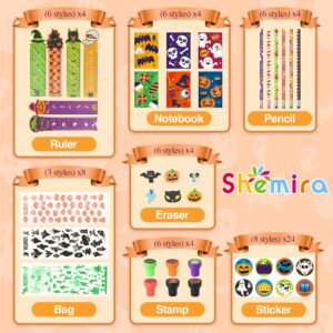 Shemira Halloween Party Favors for Kids,168pcs Halloween Stationery gift kit,Halloween Miniatures Prizes,Trick or Treating Goodie Bag Fillers including Notepad,Stamper,Sticker,Pencil,Eraser,Ruler