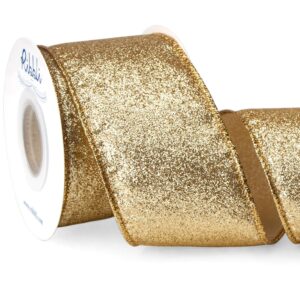 ribbli gold glitter wired ribbon with gold metallic edge,christmas ribbon for wreath, tree decoration, home decor, 2-1/2 inch x 10 yards