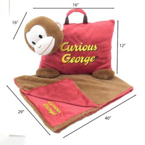 Animal Adventure®| Curious George®|Character Cuddle Combos™| 2-in-1 Stow-n-Throw Cuddle Bud with Carrying Handle & Zipper Pouch for Blanket Storage Set –29" W x 40" H Blanket