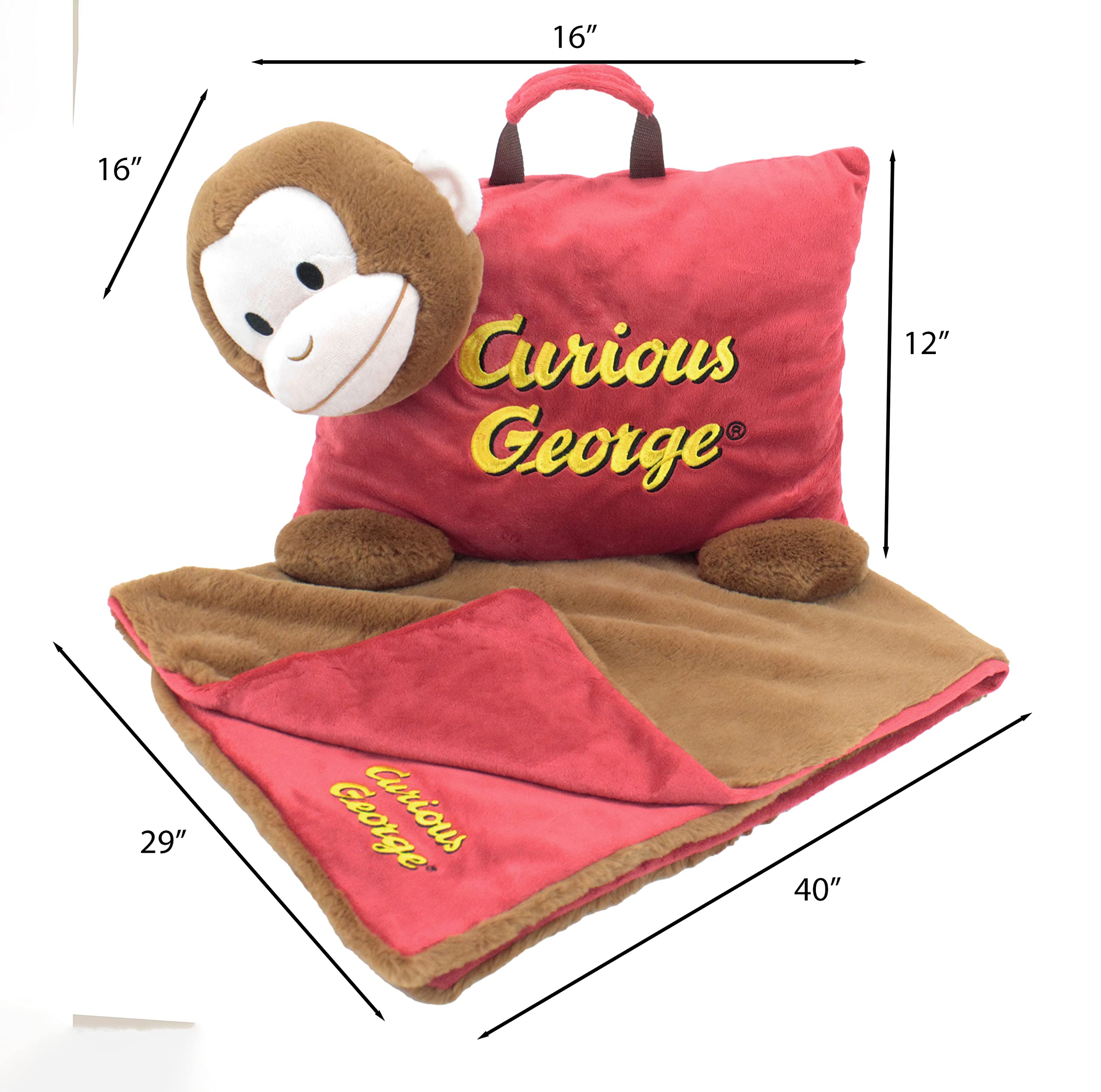 Animal Adventure®| Curious George®|Character Cuddle Combos™| 2-in-1 Stow-n-Throw Cuddle Bud with Carrying Handle & Zipper Pouch for Blanket Storage Set –29" W x 40" H Blanket