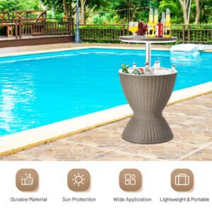 Tangkula Outdoor Cool Bar Table, Rattan Style Patio 8 Gallon Beer and Wine Cooler, All-Weather Ice Bucket w/Height Adjustable Top, Drainage Plug, 3-in-1 Cocktail Coffee Table for Party, Pool (Coffee)