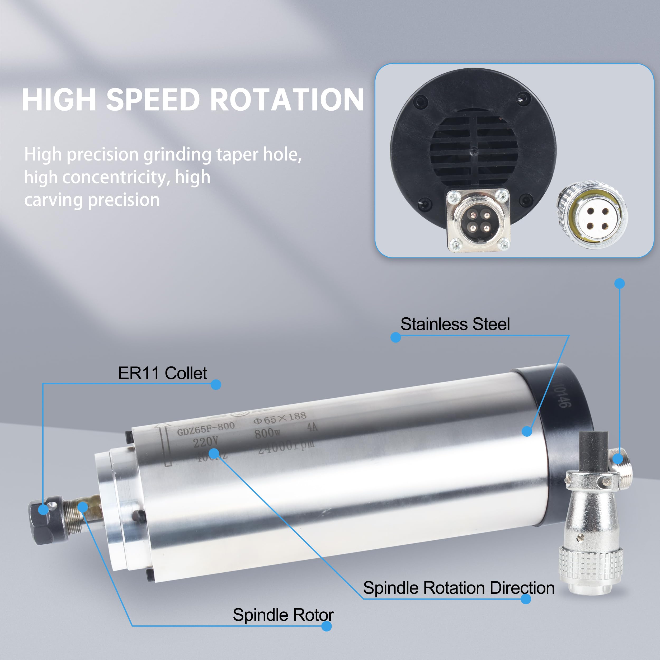 RATTMMOTOR CNC Spindle Milling Motor, 800W Air Cooled Spindle Motor 110VAC 24000RP 65mm CNC Spindle CNC Motor ER11 400HZ for CNC Router Engraver Milling Machine