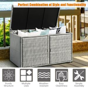 DORTALA Storage Box Patio Wicker Storage Bin Deck Box Cabinet w/Steel Frame, Deck Storage Container w/88 Gallon Capacity and Shelf for Furniture Tools in Garden Balcony Porch Yard, Gray