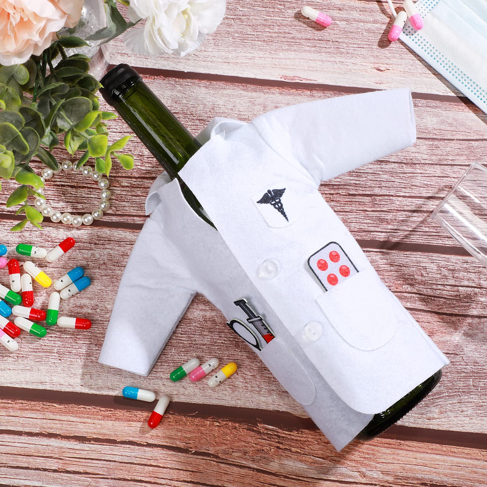 White Coat Wine Bag Doctor Wine Cover Felt Doctor Wine Insulated Cover Nurse Wine Wrapping Bag with Syringe Necklace for Male Female Graduation, Birthday, Anniversary, Nurse Practitioner